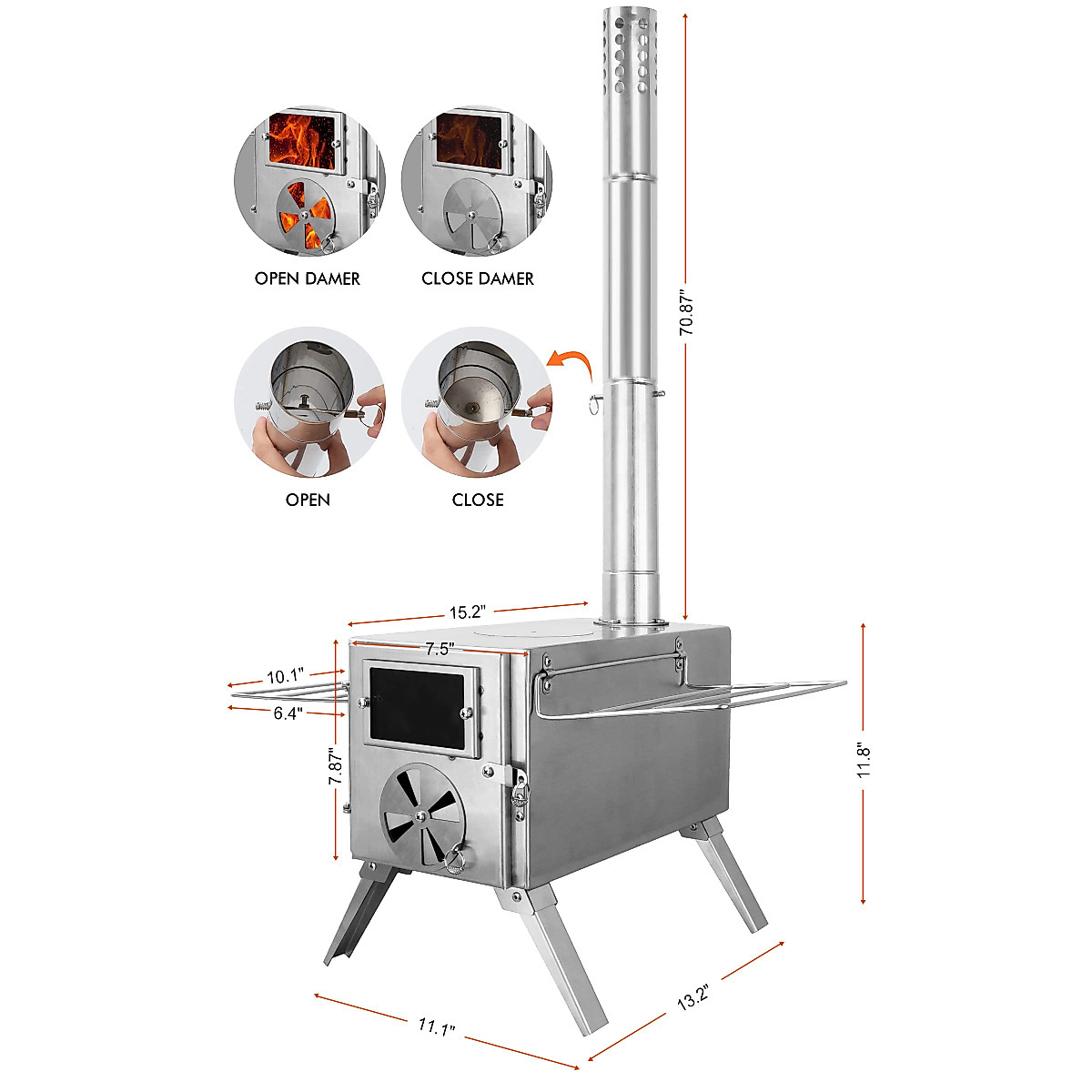 Camping Stove for Hot Tents, LAMA 304 Stainless Steel Wood Burning Stove with Stainless Wall Chimney Pipes for Tents, Shelter, Outdoor Portable Stove for Camping Heating and Cooking
