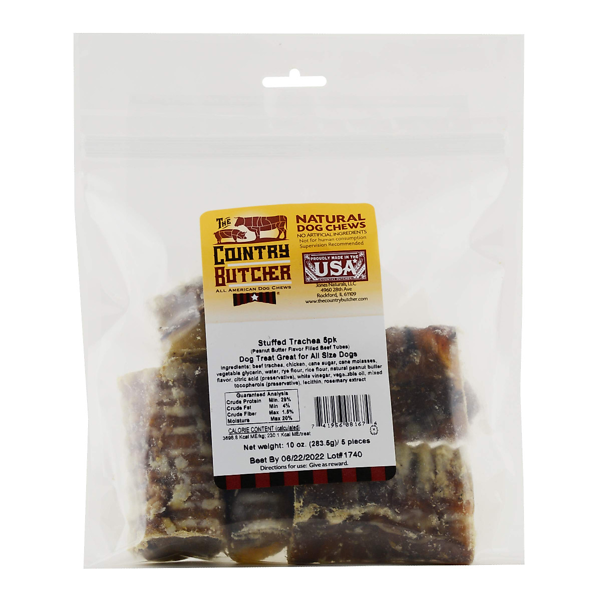 THE COUNTRY BUTCHER Filled Beef Trachea Dog Treats, Glucosamine and Chondroitin for Joint Health, Natural, Tough, Stuffed Chew Toy, Made in The USA, Peanut Butter, 5 Count - Rawhide Free, No Bone