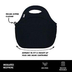 BUILT Gourmet Getaway Soft Neoprene Lunch Tote Bag - Lightweight, Insulated and Reusable, One Size, Black
