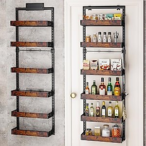 bukfen Over the Door Pantry Organizer, 6-Tier Adjustable Wooden Basket Kitchen Pantry Door Organization and Storage, Heavy-Duty Metal Hanging Kitchen Spice Rack,D6.3 x W17.71 x H50.60 inch,1 Pack
