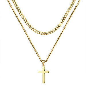 Gold Cross Necklace for Men, 18K Gold Stainless Steel Cross Chain Layered Rope Necklace 16-18 Inch Valentines Gifts for Boyfriend