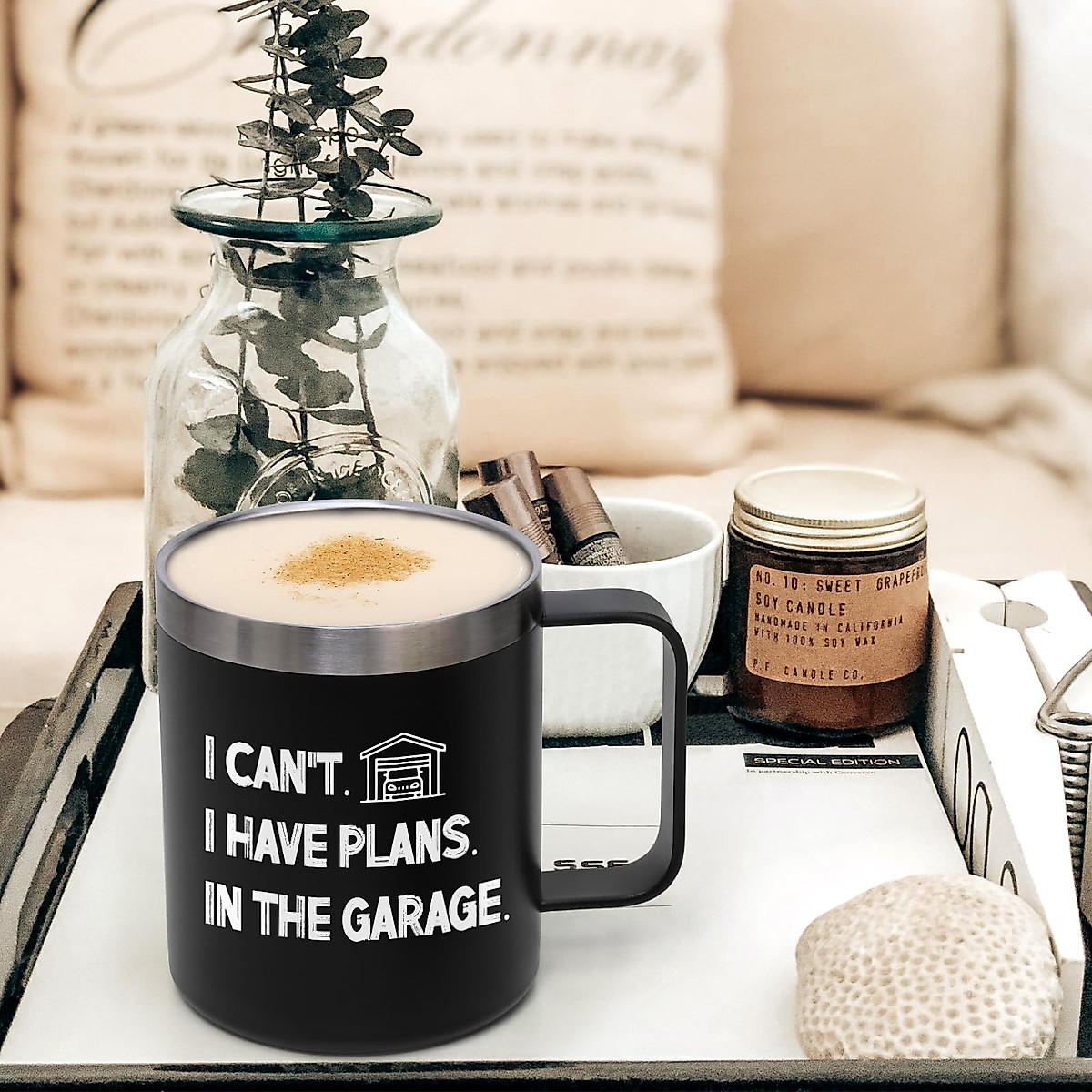 LiqCool Birthday Gifts for Men, I Can't I Have Plans in The Garage 12 Oz Insulated Coffee Mug, Mens Birthday Gift ideas, Christmas Birthday Father's Day Gifts for Men Husband Friends (Black)