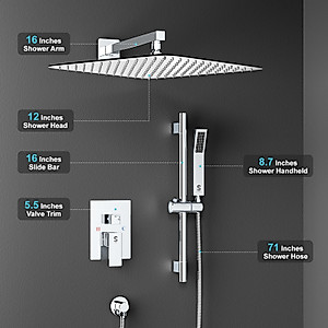 SR SUN RISE 12 Inch Slide Bar Shower System, Square Rain Shower Head and Handheld Spray, Wall Mounted Shower Faucets Sets Complete Included Valve and Shower Trim Kit, Polished Chrome