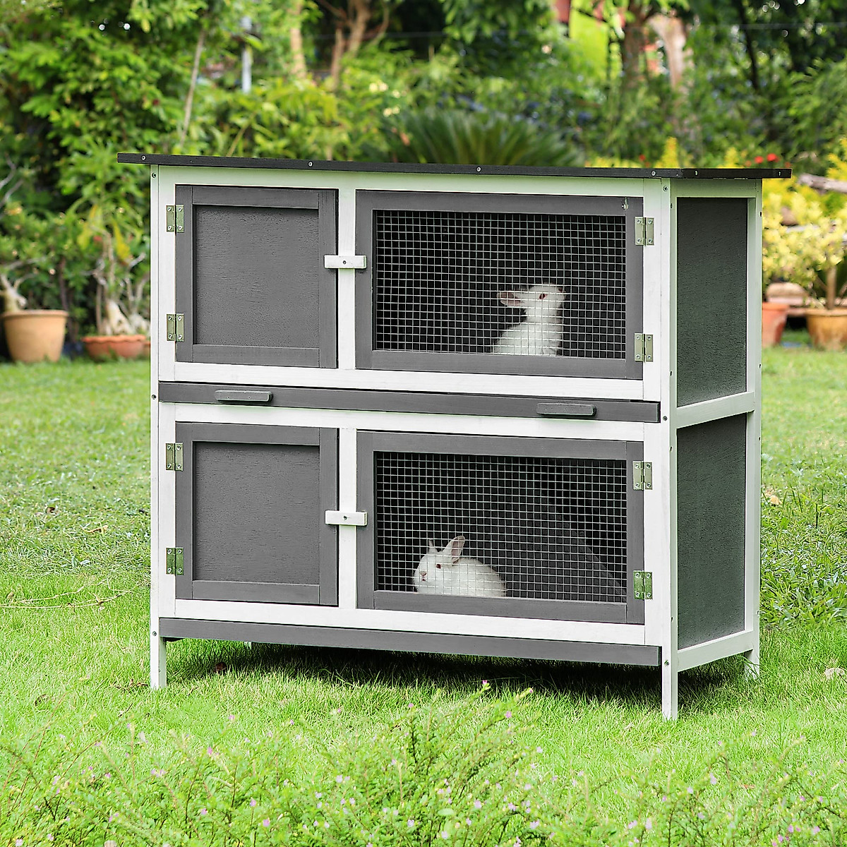 PawHut Wooden Bunny Rabbit Hutch, Small Animal Habitat with Ramp, Removable Tray & Weatherproof Roof, Indoor/Outdoor, Grey