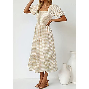 MEROKEETY Women's Plaid Square Neck Ruffle Puff Sleeve Midi Dress Summer Boho Backless Smocked Dress, Beige, Medium