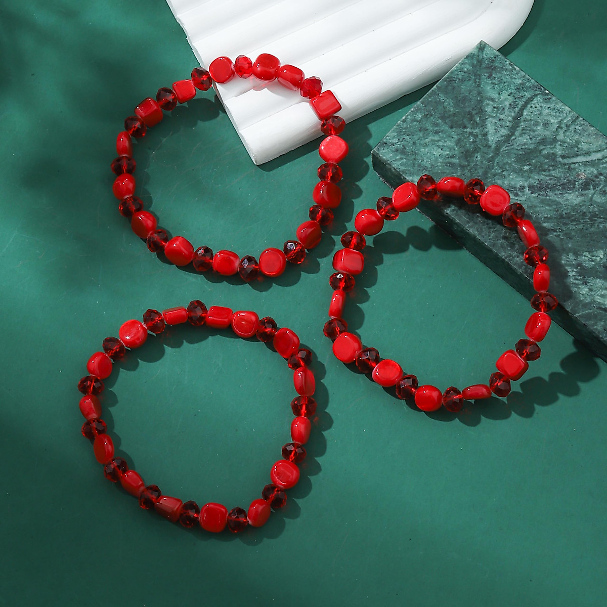 Jules D.Multi Rows Stackable Stretch Bracelet Colorful Shell Glass Boho Bracelets Trendy Costume Jewelry Gifts for Women (Red)