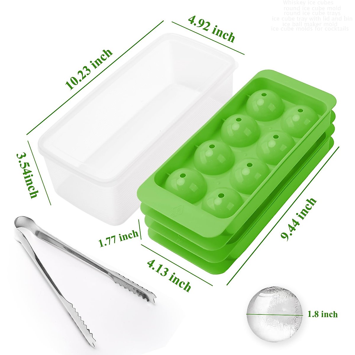 AIBIRUI Round Ice Cube Mold,2 x 8 PCS x 1.8'' Whiskey Ice Cubes,Circle Ice Cube Tray with Lid and Bin,Sphere Ice Ball Maker Mold,Large Ice Cube Molds for Cocktails,Coffee(Whiskey Ice Cubes Mold,Green)