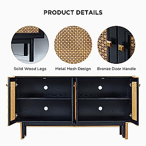 AMERLIFE 63'' Sideboard Buffets Cabinet, 2-Adjustable Shelves Storage Cabinet & 4 Doors, Large Accent Storage Credenzas for Living Room, Dining Room, Bedroom, Black,CBS002 102A