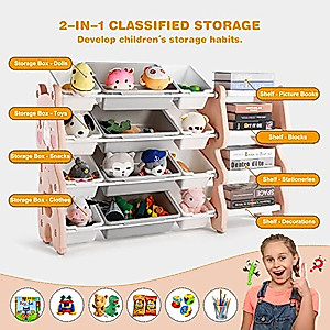 JOYLDIAS Kids Toy Storage Organizer with 4-Tier Shelf and 12 Removable Bins for Boys Girls Children's Room, Nursery, 47.2''x13.8''x33'', Pink