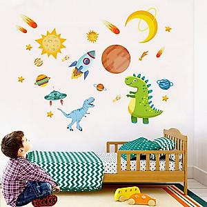 Dinosaur Outer Space Wall Decals, Dino Rocket Spaceship Decor Animal Planet Solar System Wall Sticker for Kid’s Bedroom Nursery Playroom Classroom Wall Decor