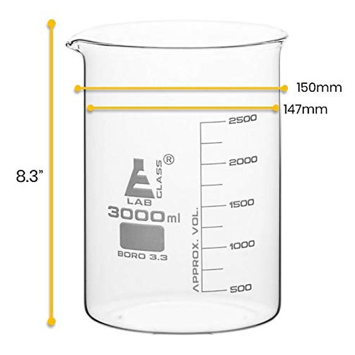 EISCO Beaker, 3000ml - Low Form with Spout - White, 250ml Graduations - Borosilicate 3.3 Glass