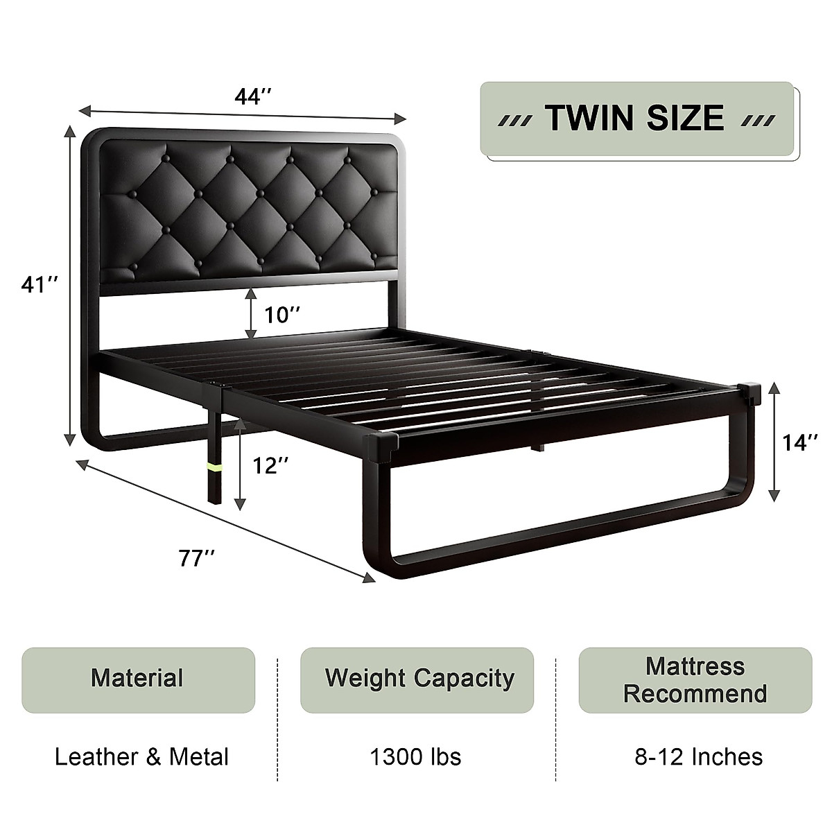 Feonase Twin Bed Frame, Upholstered Platform Bed Frame with Heavy-Duty Steel Slats, Diamond Tufted Headboard, 12" Storage Space, No Box Spring Needed, Noise Free, Easy Assembly, Black