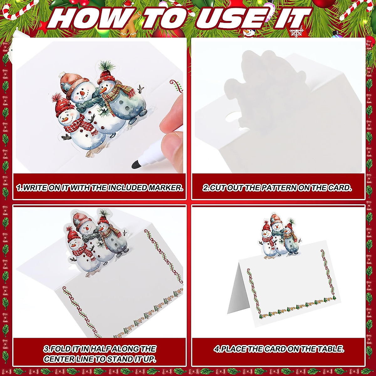 Spakon 100 Pcs Christmas Place Cards with 2 Pens Holiday Seating Name Card Folding Rustic Table Place Setting Cards Xmas Colorful Name Tent Cards for Christmas Dinner Brunch Birthday Holiday Party