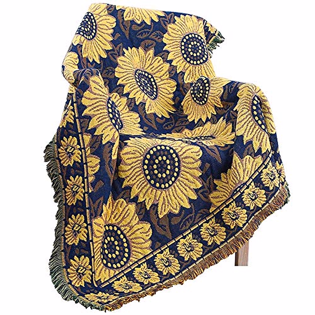 PHNAM Sunflower Throw Blanket with Fringe for Couch Bed Soft Decorative Cozy Cotton Woven Knit Warm Bed Throws Reversible for Chair, Sofa, Living Room, Bedroom (51x70.8 inches) (Sunflower)