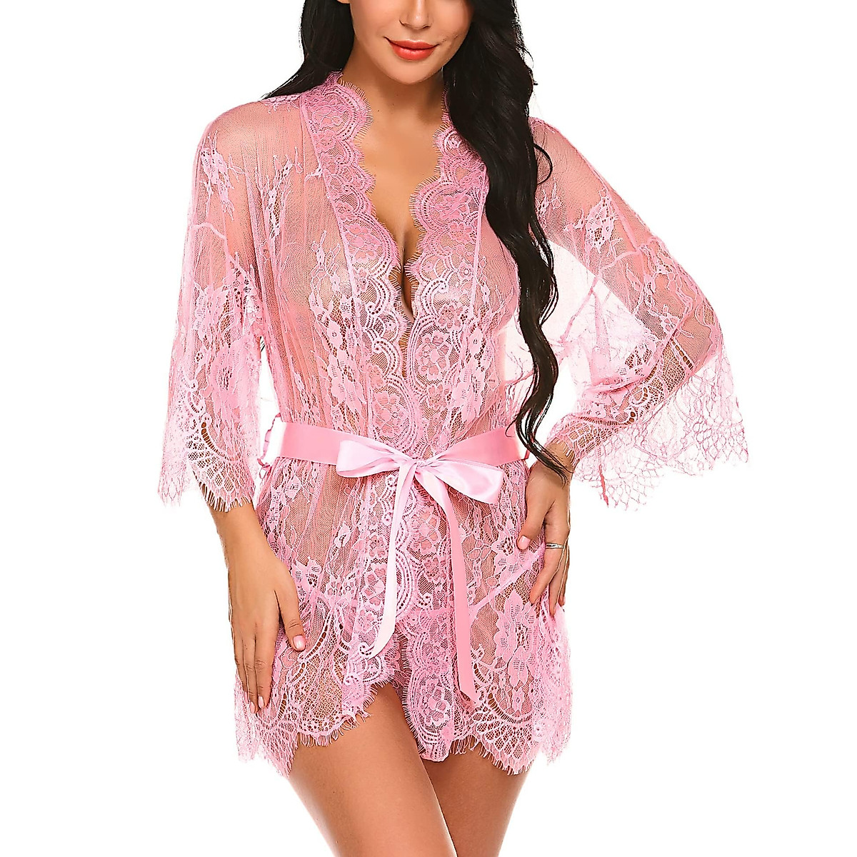 Avidlove Lingerie Robes for Women Sheer Kimono Robe Exotic Nightgowns V Neck Sleepwear Pink M