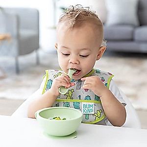 Bumkins Baby Bowl, Silicone Feeding Set with Suction for Baby and Toddler, Includes Spoon and Lid, First Feeding Set, Training Essentials for Baby Led Weaning for Babies 4 Months Up, Sage