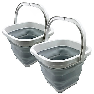 SAMMART Set of 2-5L (1.3 Gallon) Sqare Collapsible Plastic Bucket - Foldable Square Tub - Portable Fishing Water Pail - Space Saving Outdoor Waterpot (2, Grey)