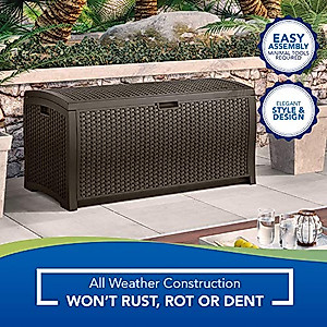 Suncast 99 Gallon Resin Wicker Patio Outdoor Storage Container for Toys, Furniture Deck box, Mocha & Suncast 22 Gallon Small Resin Storage Seat, Java, SSW600J