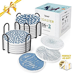 Absorbing Stone Coasters for Drinks Cork Base, with 2 Holder, for Housewarming, Apartment Kitchen Room Bar Decor, Suitable for Wooden Table, Set of 16 (Blue)