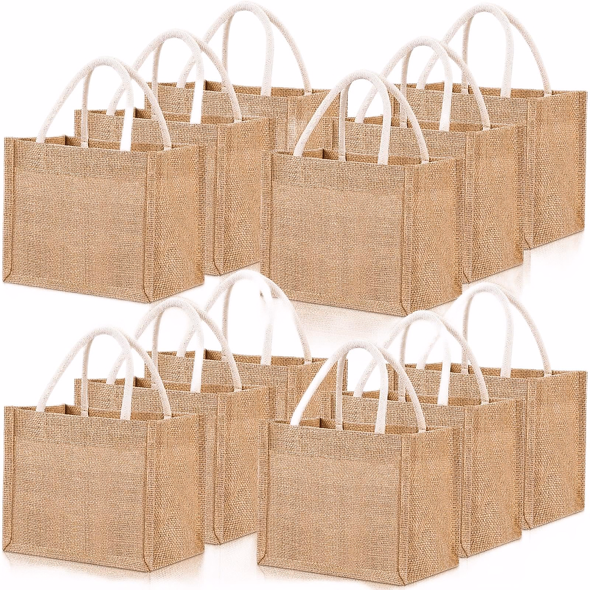 Cunno 12 Pcs Burlap Tote Bags Mini Jute Reusable Bag with Handles Small Blank Canvas Gift Bag Water Proof for Wedding Beach DIY 9.06x5.12x6.3inch(Classic Style)