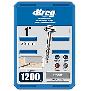 Kreg SML-C1-1200 Zinc Pocket Screws, 1-Inch, #8 Coarse Thread, Maxi-Loc Head (1200 Count)