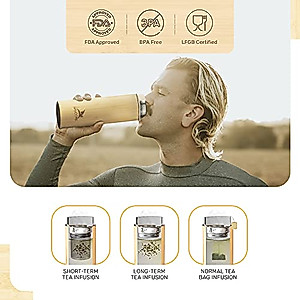Bamboo Tumbler with Tea Infuser Bottle Loose Leaf Strainer – Advanced Double Insulated Stainless Steel Travel Thermos - Best Gift for Tea Lovers - Leak-Proof Hot Coffee Mug, Fruit Water Bottle (17 oz)