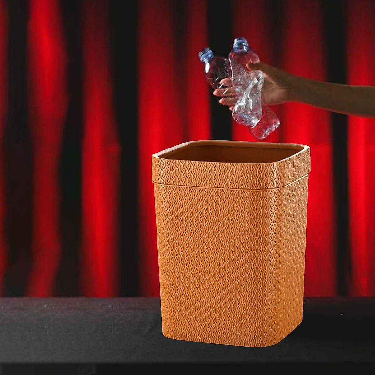 Trash Basket Narrow Rattan Woven Plastic Square Waste Can Wastebasket Dustbin for Bedroom Office Home Toilet Outdoor Indoor, Orange