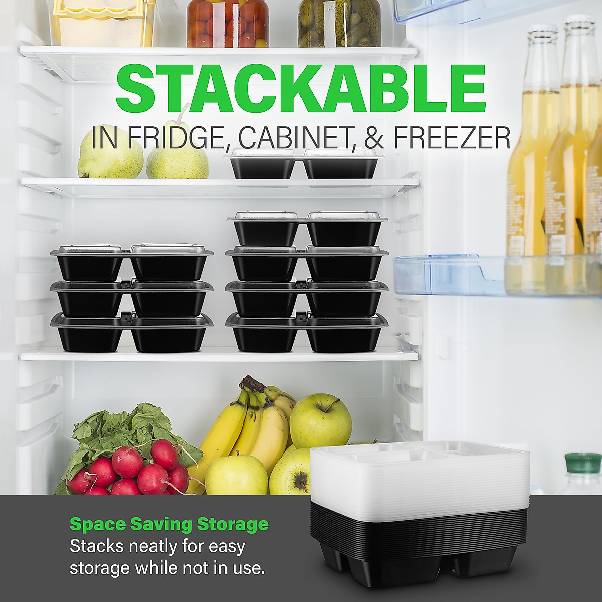 Ez Prepa 15 Pack 32oz 3 Compartment Meal Prep Containers with Lids -Food Storage Containers Plastic, Bento Box, Lunch Containers, Microwavable, Freezer and Dishwasher Safe, Food Containers