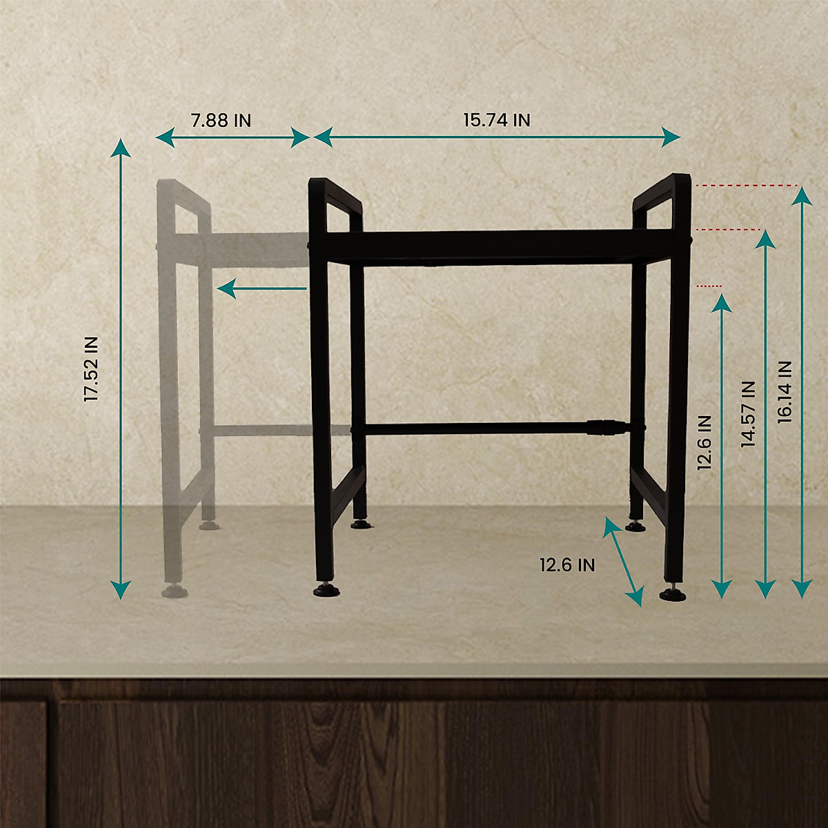 Adjustable Microwave Shelf with Spice Rack, Utensil Holder, Cutting Board Holder and Hooks – Kitchen Microwave Stand, Countertop Organizer, Above Fridge Storage, Holds 25kg, Durable Metal