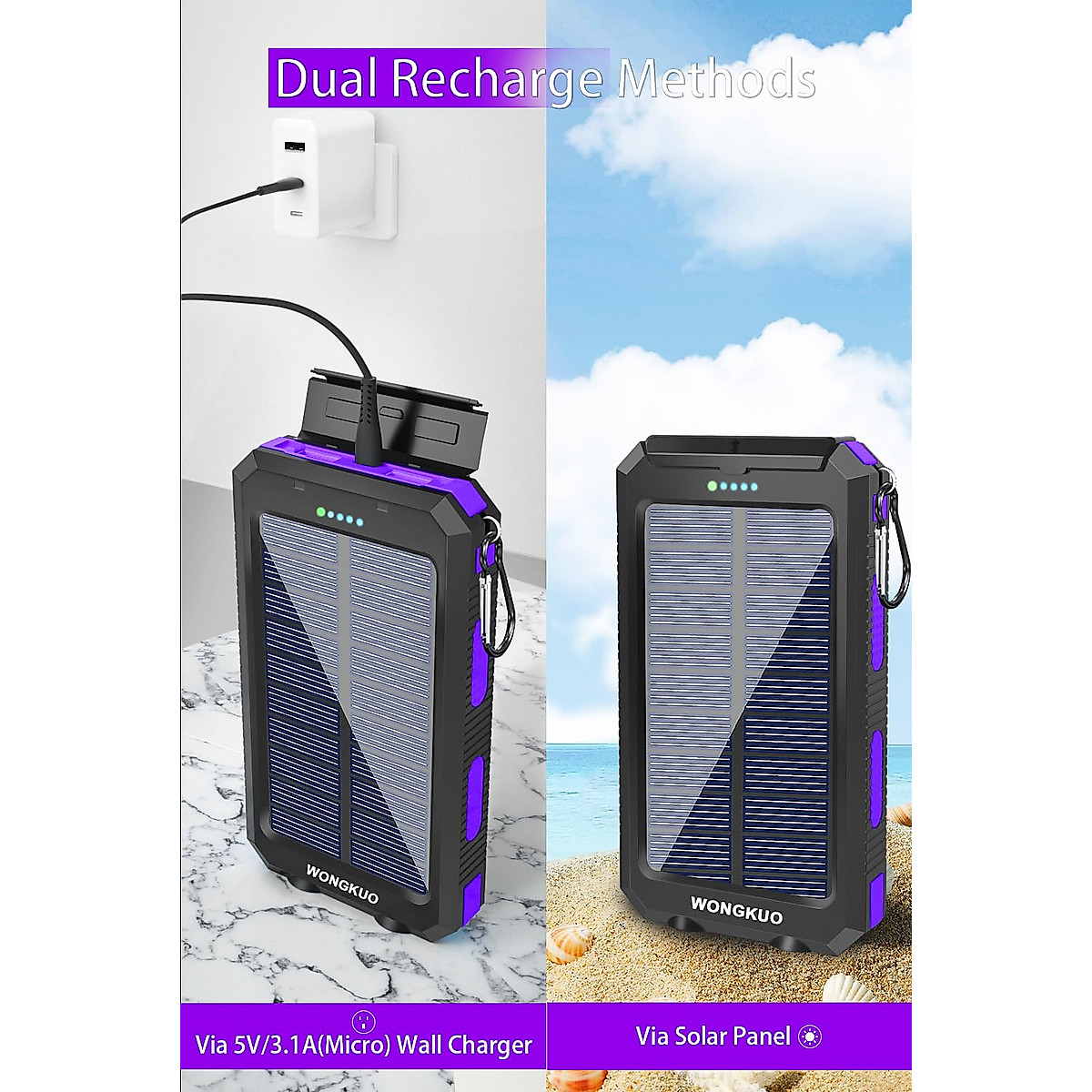 WONGKUO Solar Charger Power Bank - 𝟮𝟬𝟮𝟰 𝙐𝙥𝙜𝙧𝙖𝙙𝙚 36,800mAh Portable Solar Phone Charger, QC3.0 Fast Charger with LED Flashlight, IP65 Waterproof Power Bank Perfect for Outdoor Camping Hiking