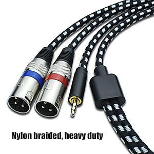 Mugteeve 3.5 mm to Dual XLR Male Y Splitter Cable, 10 Feet Stereo 1/8 Mini TRS Headphone Jack to L/R Double XLR Male Aux Cord, Noise Free, Nylon Braided, for Studio Monitor Speaker and Phones