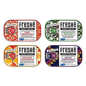 Freshé Gourmet Canned Tuna Variety Pack (4 Pack) Healthy High-Protein Skipjack Fish & Ready-to-Eat Meal – All-Natural, Non-GMO, Wild-Caught Tuna – Gluten Free Diet Friendly