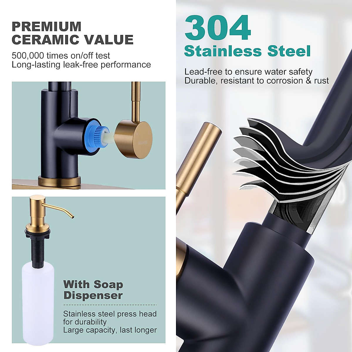 Black and Gold Kitchen Faucet with Soap Dispenser, WOWOW Stainless Steel Kitchen Sink Faucet Single Handle High Arc Utility Sink Faucet for Sink, RV, Laundry, Bar