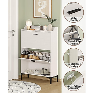 Gadroad Shoe Cabinet, Modern Slim Shoe Organizer, Tipping Shoe Cabinet with 2 Flip Drawers, Narrow Shoe Rack for Living Room Entryway, White