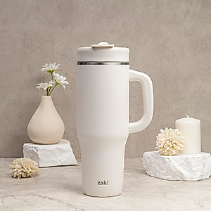 Zak Designs Harmony 2-in-1 Coffee Tumbler for Travel or At Home, 40oz Recycled Stainless Steel is Leak-Proof When Closed and Vacuum Insulated with Handle (Linen White)