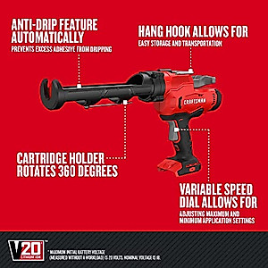 CRAFTSMAN V20 Caulk Gun, No Drip, Cordless, with anti-drip and variable speed, Tool Only (CMCE600B)