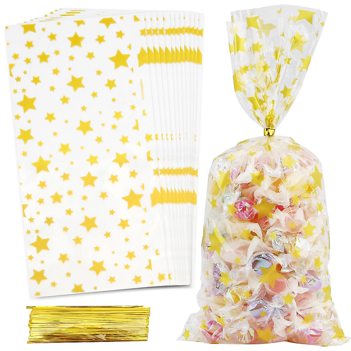 Cellophane Bags, 100 PCS Star Printed Cellophane Treat Bags, 10.7"X 5" Cello Goodie Bags Cookie Bags, Clear Party Favor Bags, Plastic Gift Wrap Candy Bags with Twist Ties for Birthday Wedding Bakery