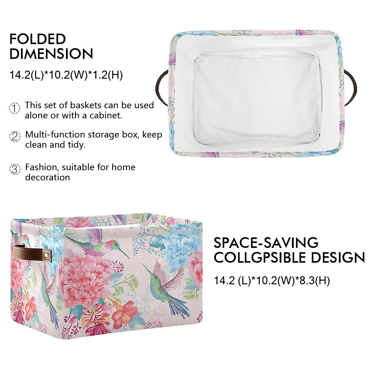 Kigai Flowers Hummingbirds Large Square Storage Basket Bin with Handles 1PCS,Foldable Multi Functional Closet Storage Box Shelf Basket for Storing Toys, Books and Clothes