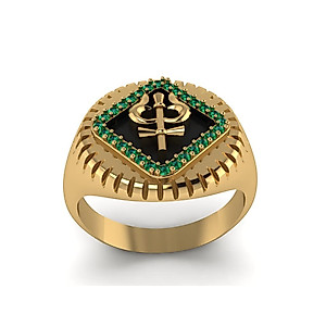 RATNAVALI ARTS Yellow Gold Plated Poseidon Greek God of The Sea Trident Ring (Emerald, 10)