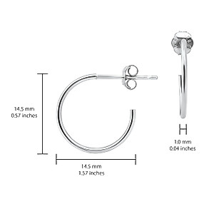 Hoops & Loops 925 Sterling Silver Open 1.5mm Thin Polished Round C-Hoop Earrings, 15mm