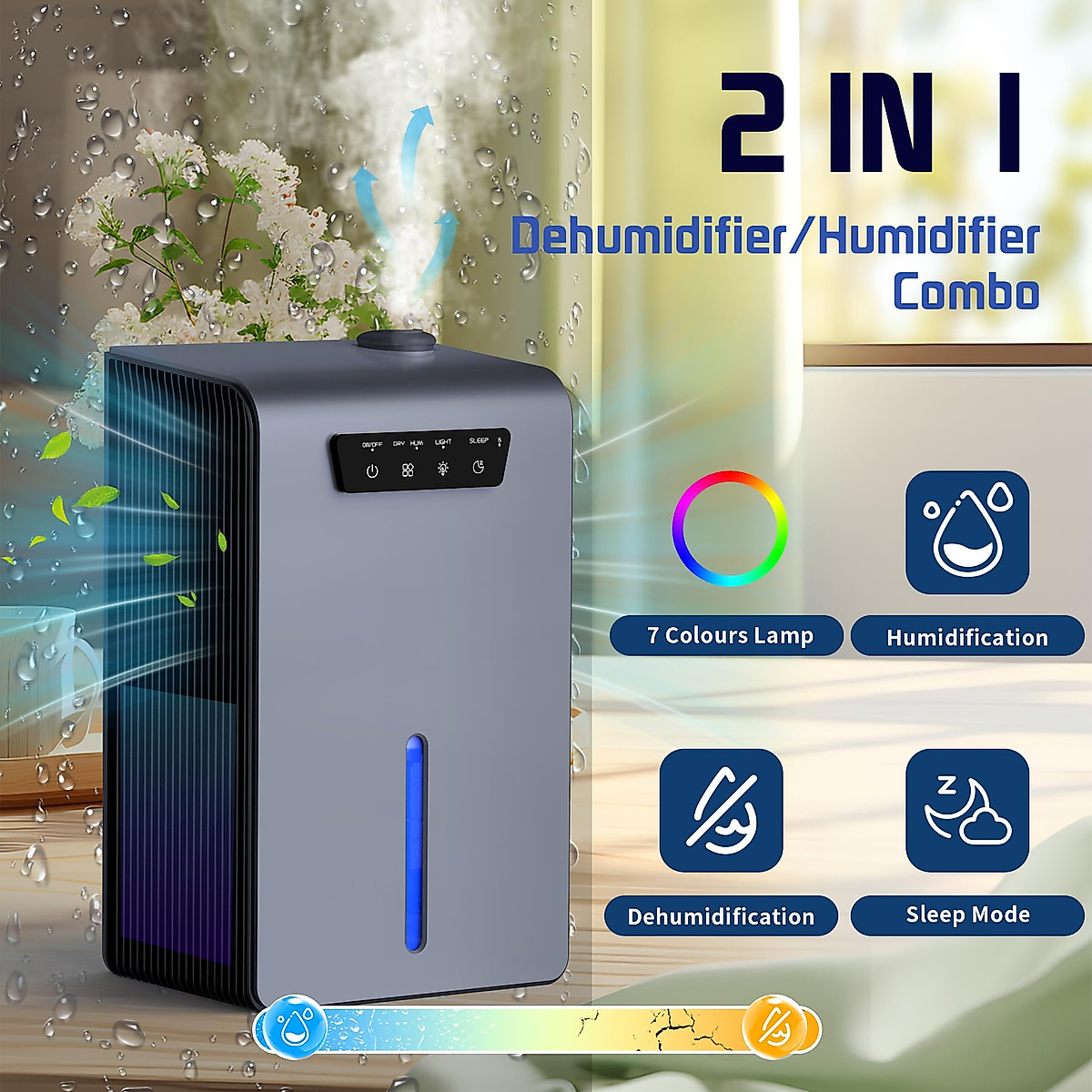 Dehumidifier,2 in 1Humidifier Dehumidifier Combo,102 OZ Water Tank Dehumidifiers for Home Bedroom,Small Dehumidifier for Basement Bathroom,Auto Shut Off,Sleep Mode,7 Colors LED Light