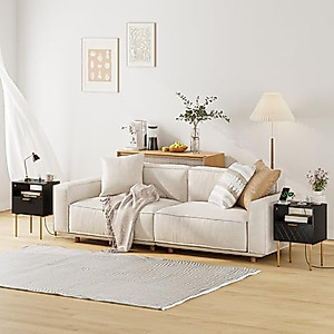 Masupu Nightstand with Charging Station,Mid-Century Modern Bedside Table with Storage Drawer and Open Wood Shelf,Small Gold Frame Side Table for Bedroom,Living Room(Black)