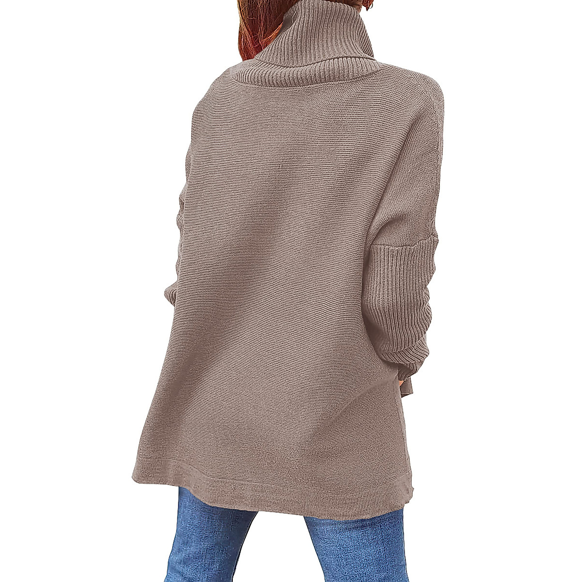 ANRABESS Women's Oversized Turtleneck Batwing Sleeve Spilt Casual Loose Knit Tunic Pullover Sweater Tops 2025 Fall Outfits Brown Small