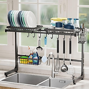 GSlife Over The Sink Dish Drying Rack - Length Adjustable (33.66~39.57") Dish Rack Over Sink Large Capacity, Rustproof Kitchen Dish Drying Rack, Above Sink Dish Rack, Black