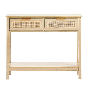 VEVOR Rattan Console Table with 2 Storage Drawers, Rattan Entryway Table with Natural Rattan Sliding Door, Console Sofa Table for Living Room, Study, Entryway Or TV Wall, Natural
