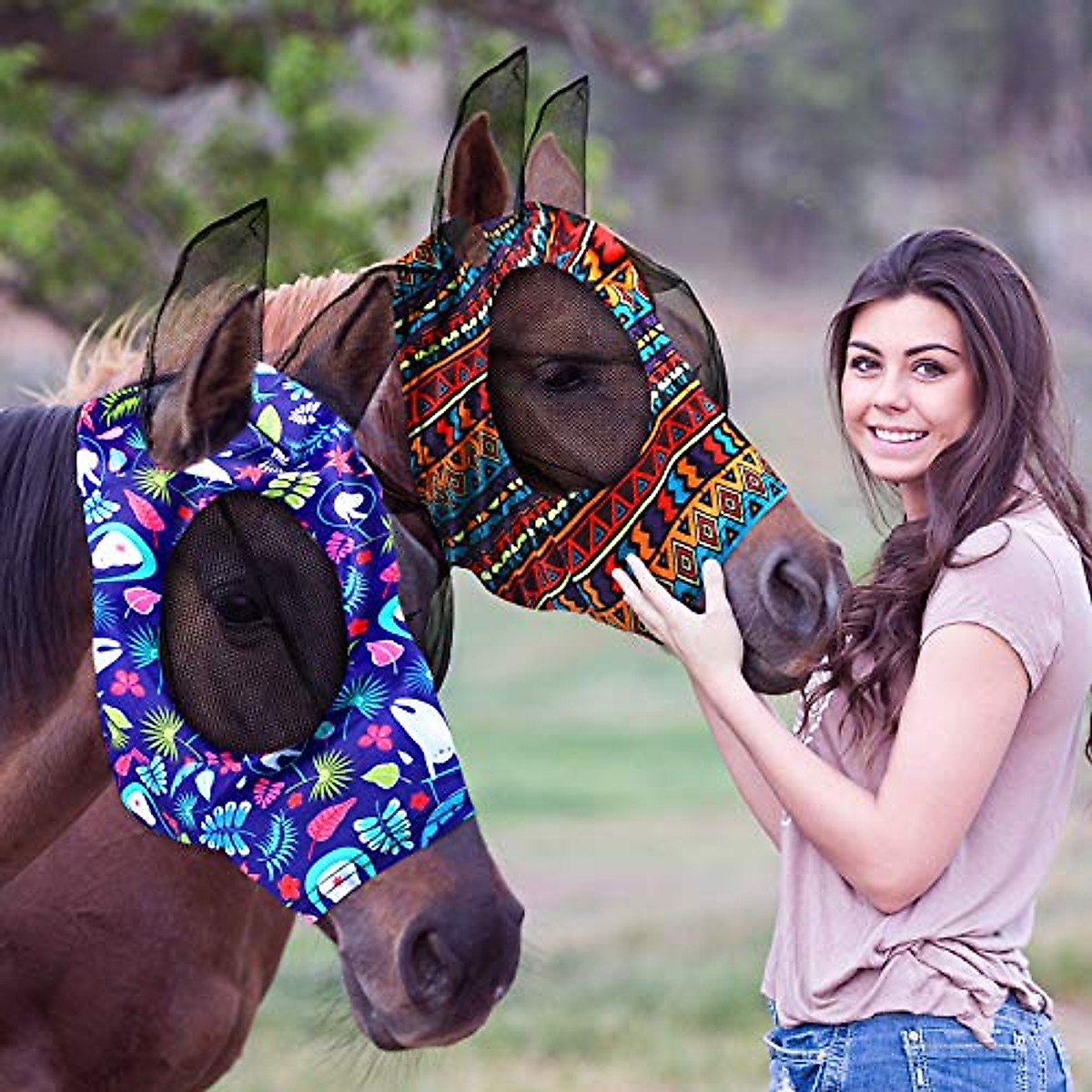 2 Pieces Horse Fly Mask Horse Mask with Ears Smooth and Elasticity Fly Mask with UV Protection (Tribal Grid Patterns, L)