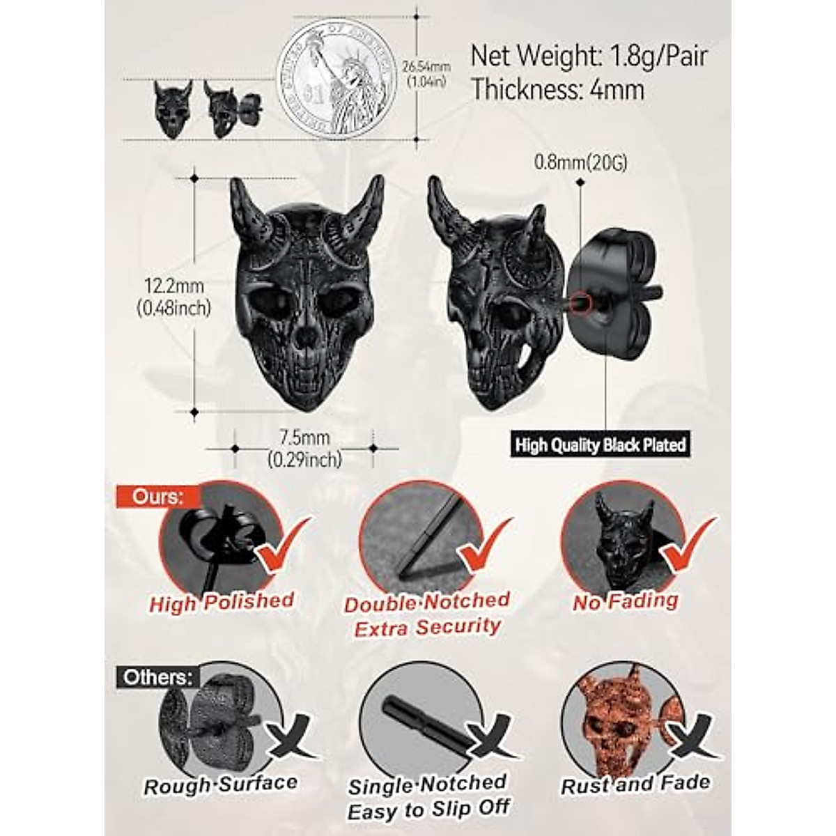 Punk Satan Stud Earrings 316L Stainless Steel Satanic Jewelry for Woman