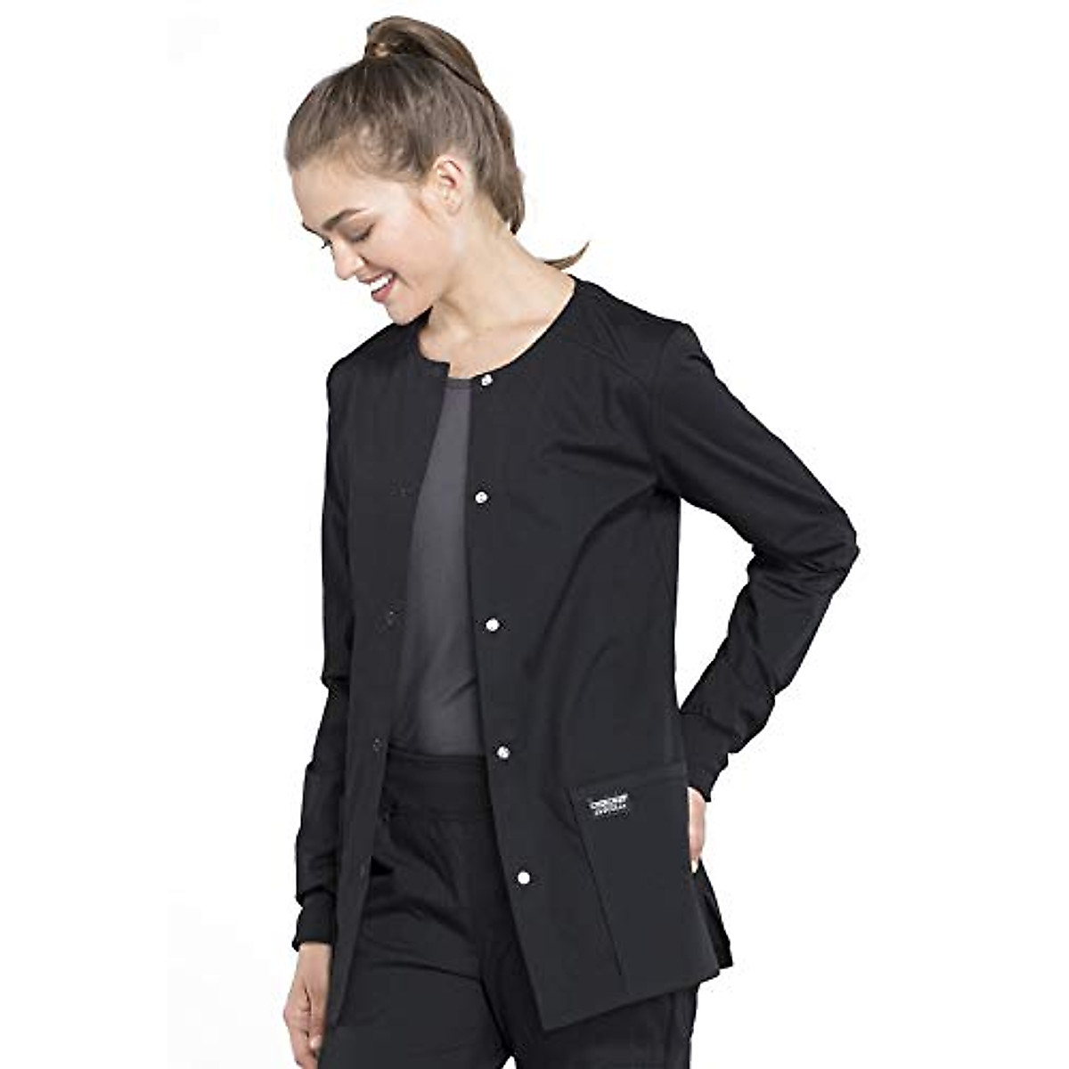 Snap Front Scrub Jackets for Women, Workwear Professionals Soft Stretch WW340, M, Black