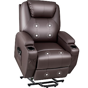 JUMMICO Power Lift Recliner Chair with Massage for Elderly PU Leather Modern Reclining Sofa Chair with Cup Holders, Remote Control, Adjustable Furniture (Brown)