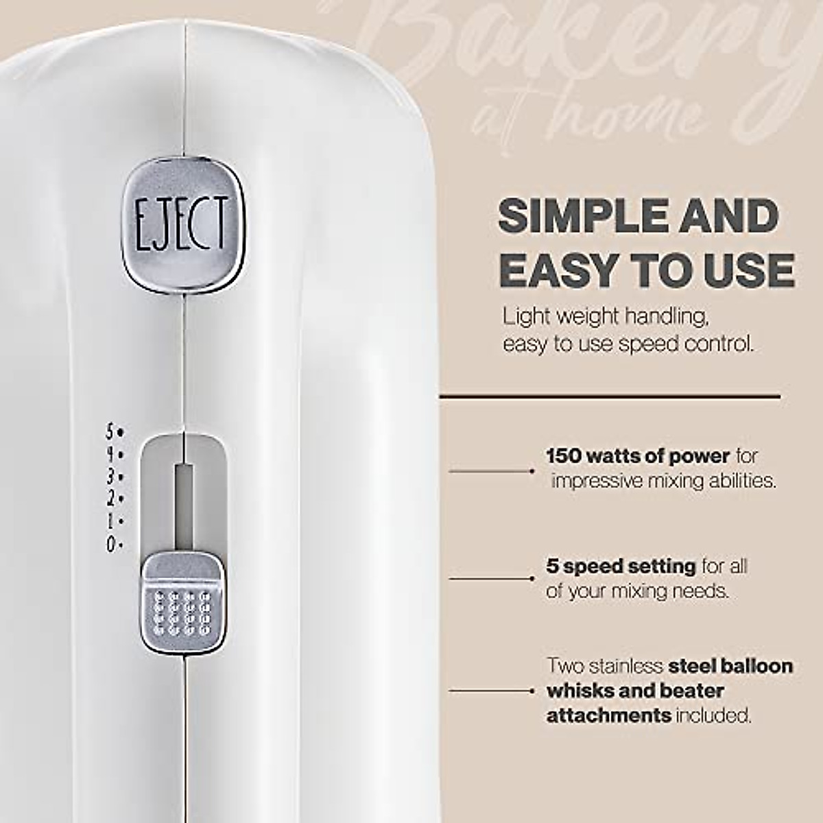 Electric Hand Mixer, Handheld Mixers for Kitchen, With Beaters and Whisk Attachments for Cooking and Baking, Lightweight Handmixer Labeled "BAKE" by Rae Dunn (Cream)